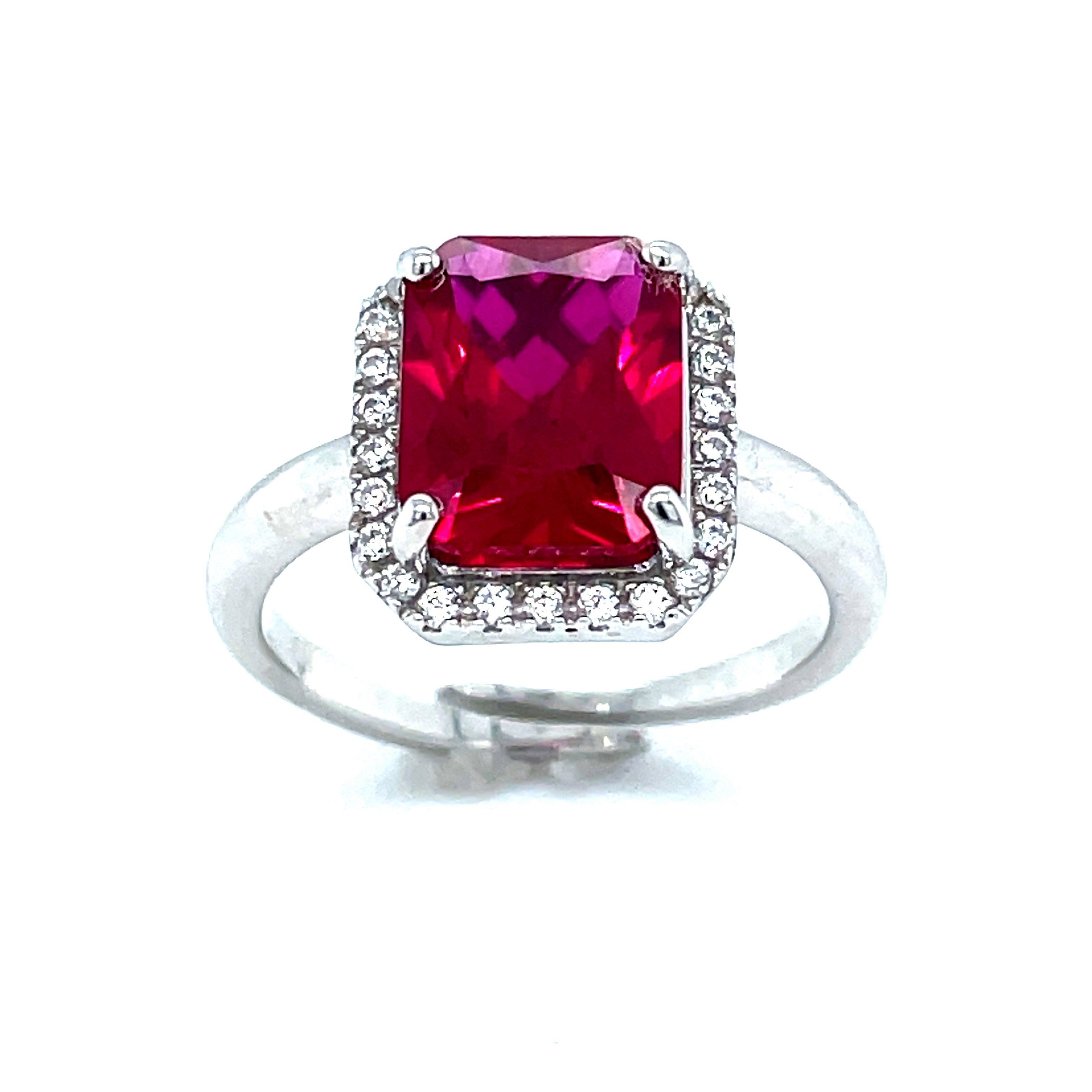 STERLING SILVER CUBIC ZIRCONIA AND RED STONE EMERALD CUT HALO EXPANDER ...