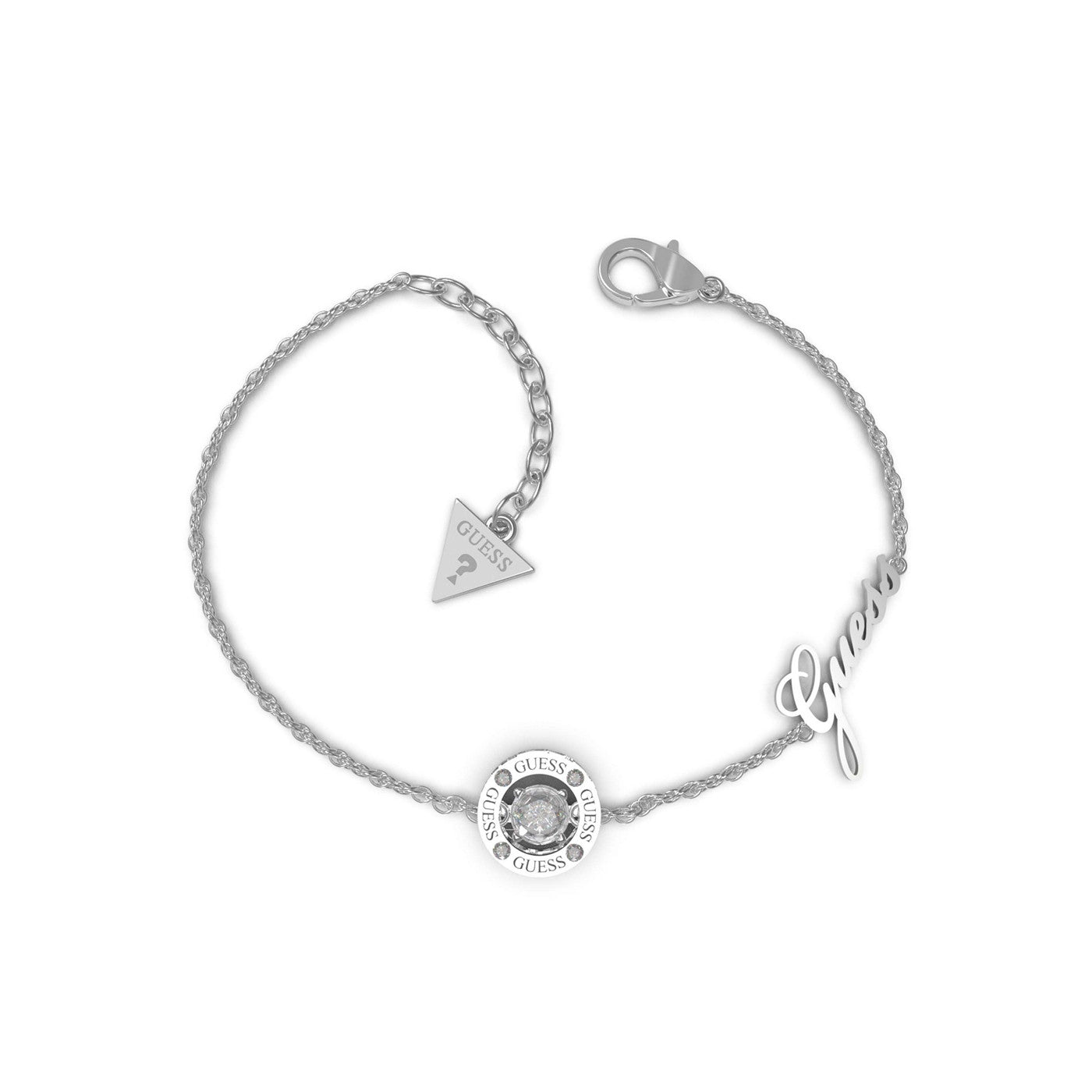 Guess Silver Plated Round Cubic Zirconia Branded Logo Bracelet ...