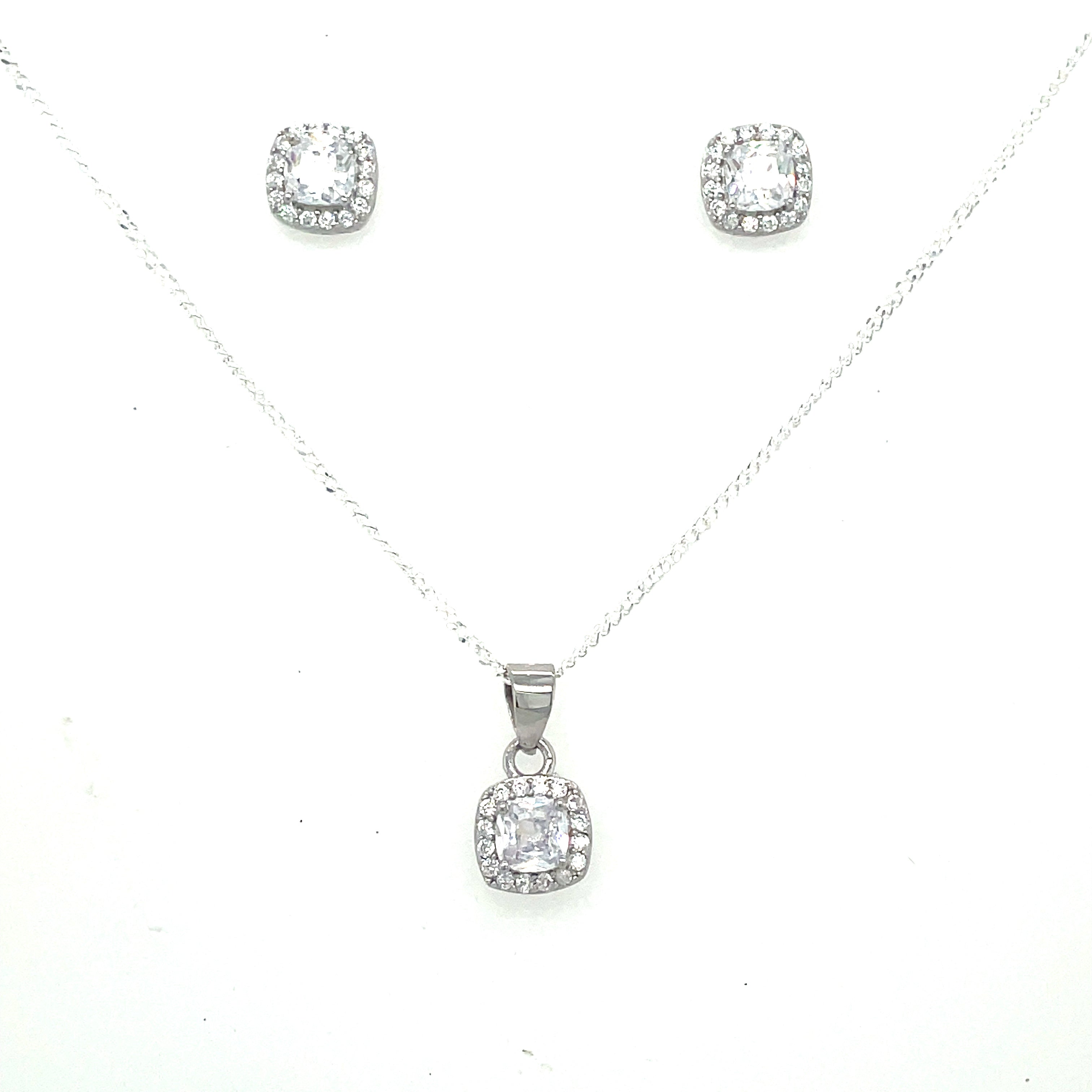 Sterling Silver Cubic Zirconia Square Cluster Pendant Set ...